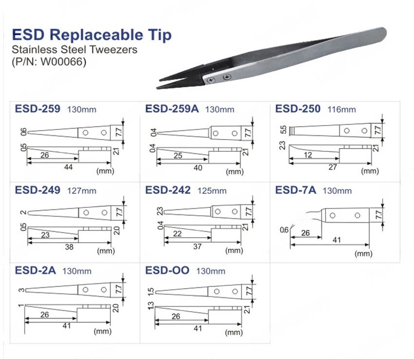 ESD-7A ESD Replaceable Tip Stainless Steel Tweezers